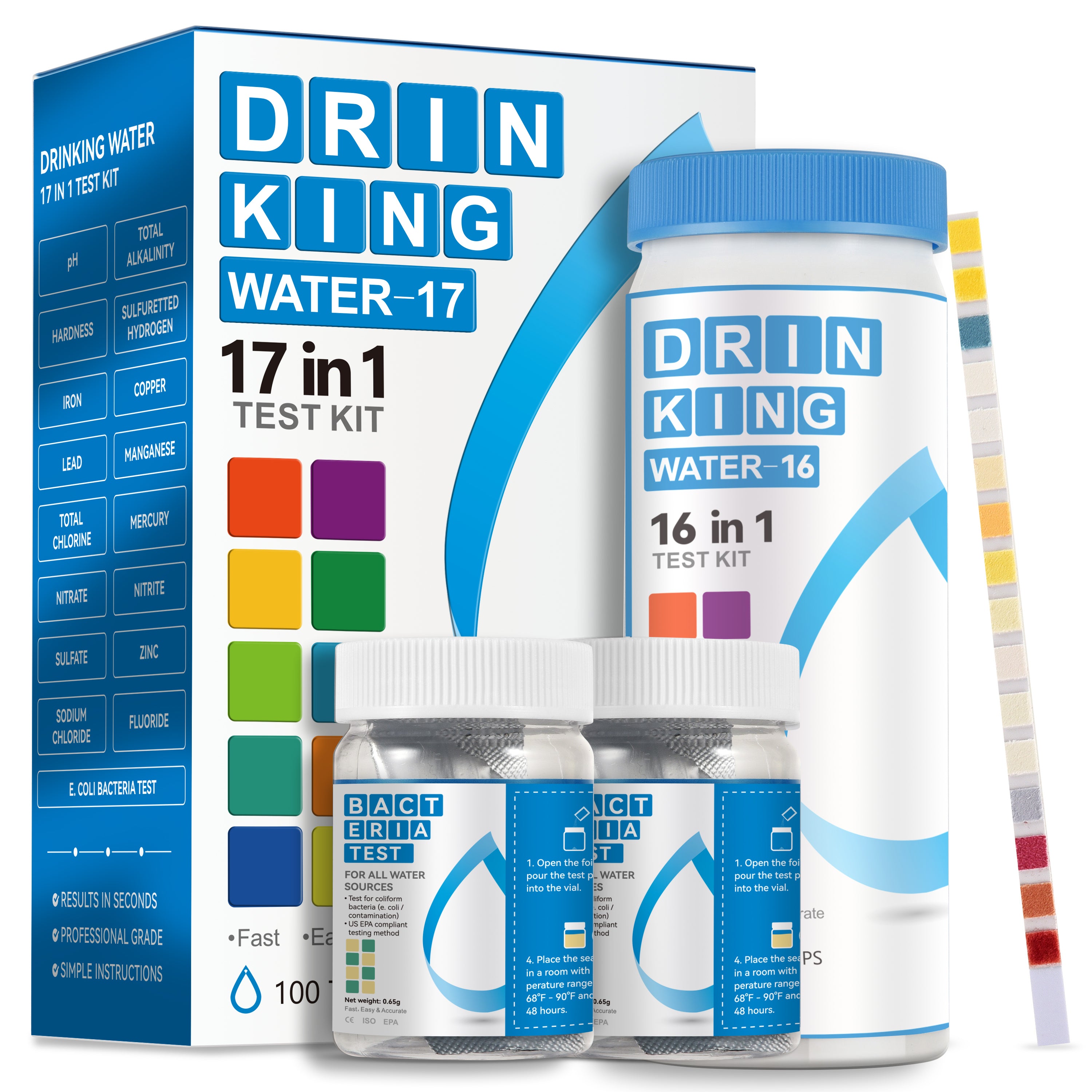 Complete Water Testing Kits for Drinking Water 100 Strips + 2 Bacteria